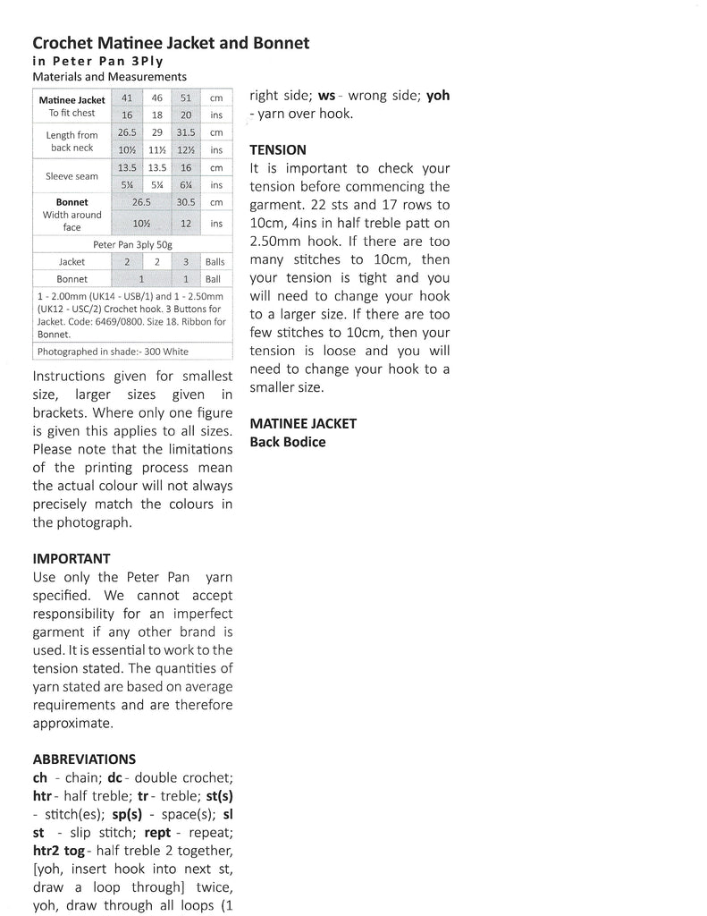 Crochet Pattern Leaflet Peter Pan p1257 3ply Lacy Matinee Jacket & Bon ...